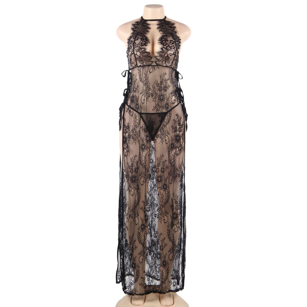 Lace Sheer High Split Dress With Thong